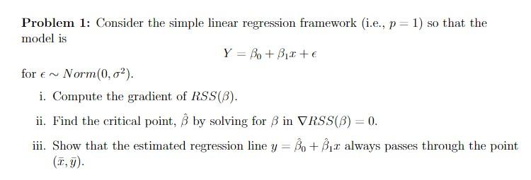 Solved Problem 1: Consider the simple linear regression | Chegg.com