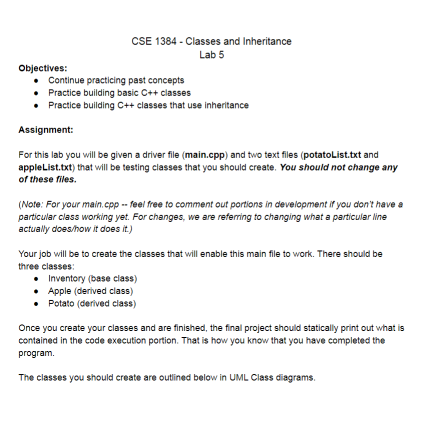 Solved CSE 1384 - Classes and Inheritance Lab 5 Objectives: | Chegg.com