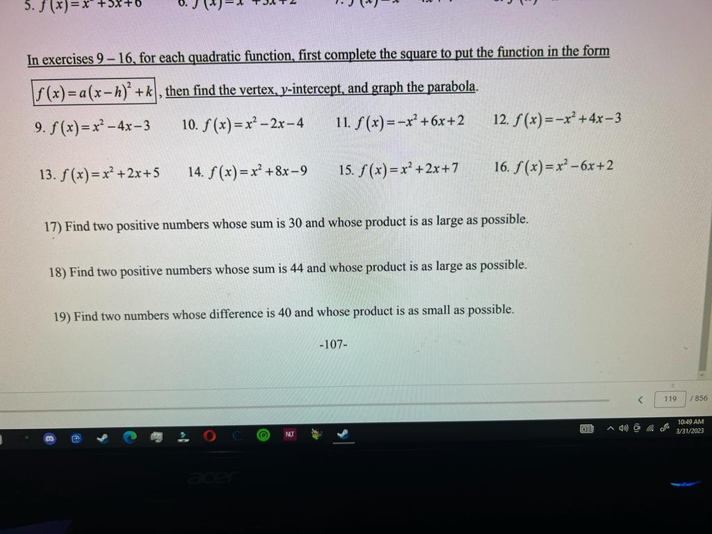 Solved In exercises 9−16, for each quadratic function, first | Chegg.com