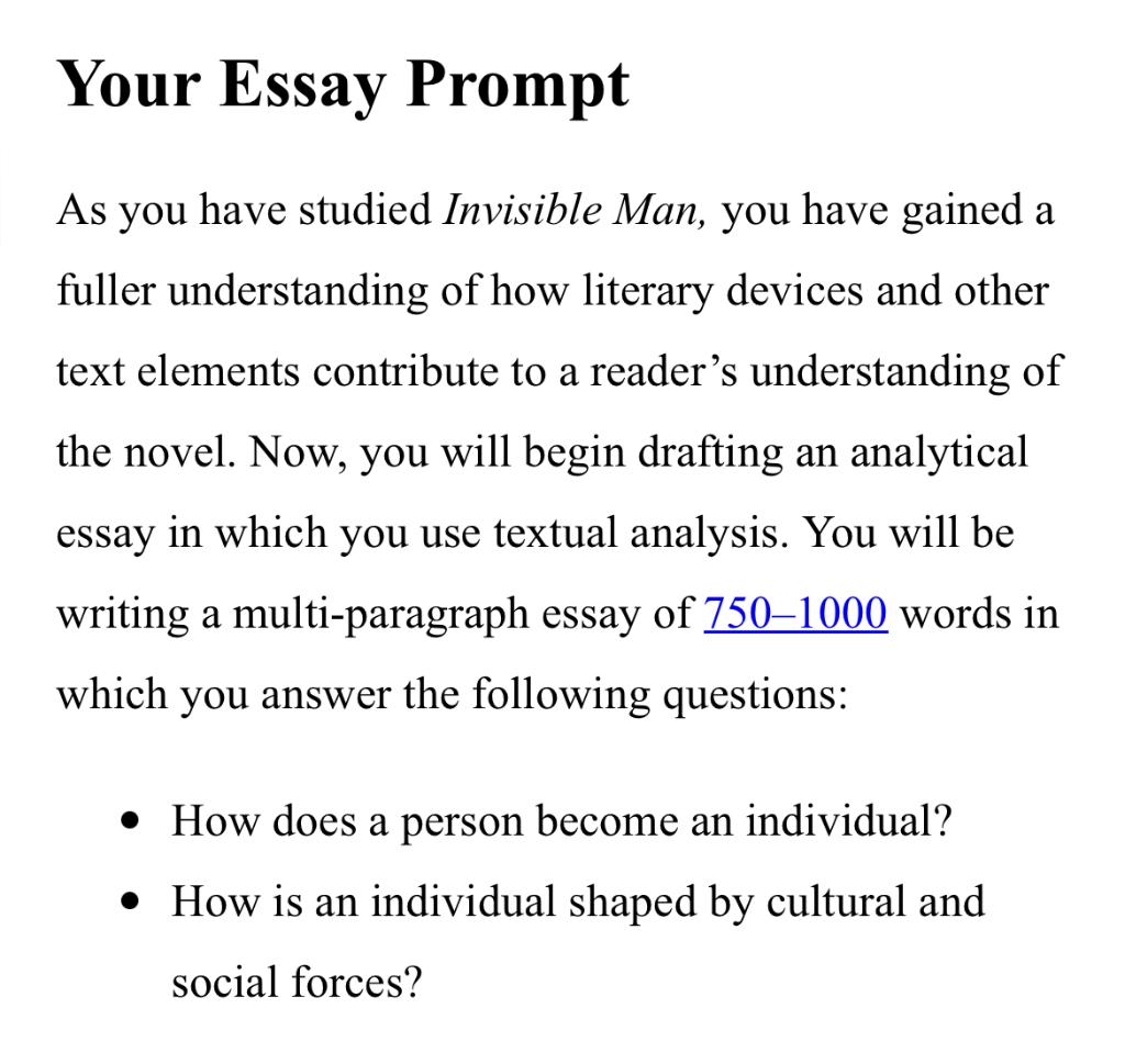 Your Essay Prompt As you have studied Invisible Man, | Chegg.com