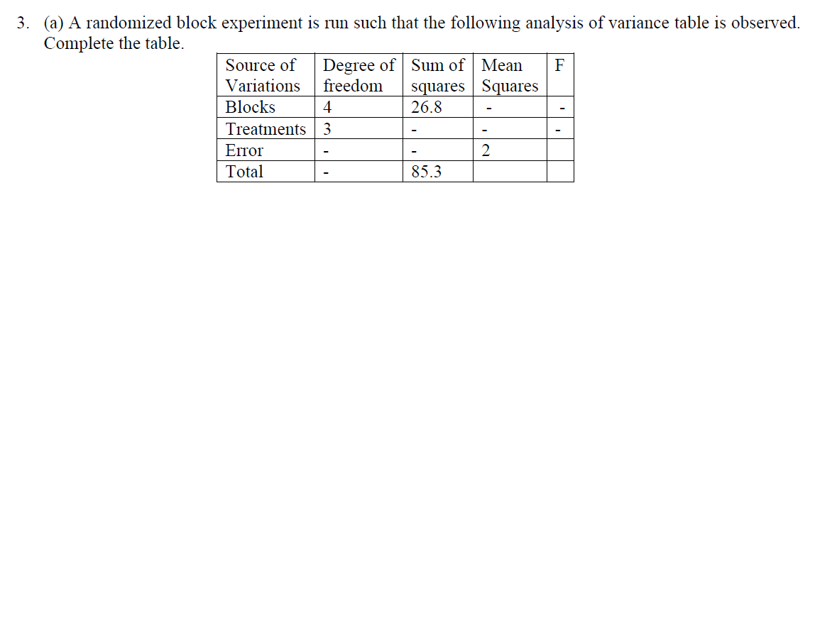 3 A A Randomized Block Experiment Is Run Such That 