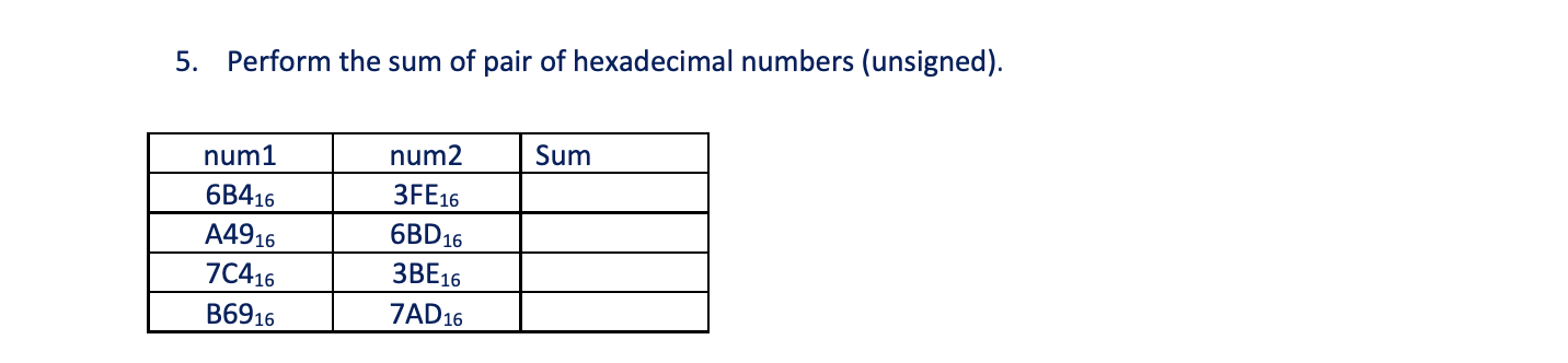 Solved 5. Perform the sum of pair of hexadecimal numbers | Chegg.com