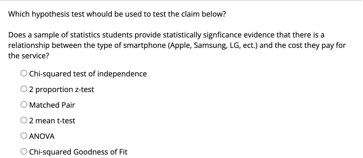 Solved Which hypothesis test whould be used to test the | Chegg.com