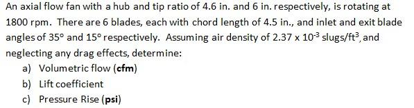 Solved An axial flow fan with a hub and tip ratio of 4.6 in. | Chegg.com