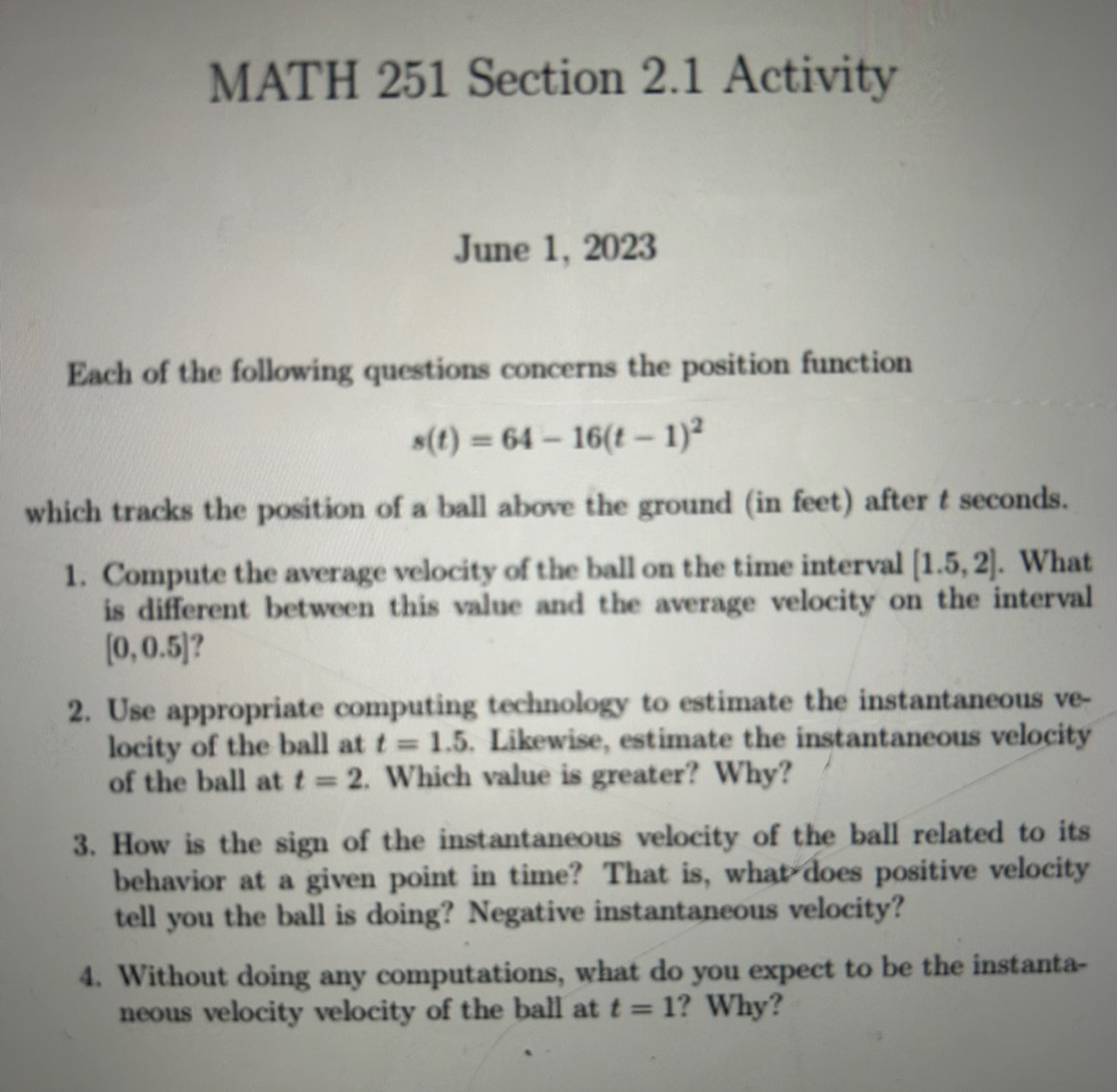 Solved MATH 251 Section 2.1 Activity June 1, 2023 Each of | Chegg.com