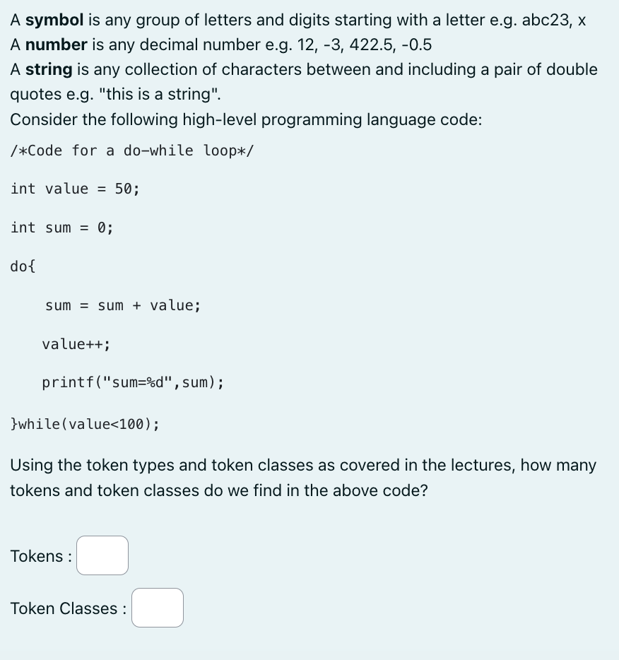 Solved Here is a table of token types and their | Chegg.com