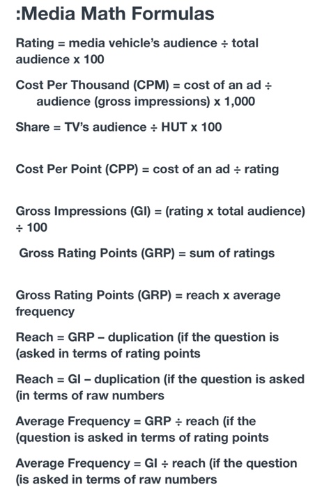 Solved :Media Math Formulas Rating = media vehicle's | Chegg.com