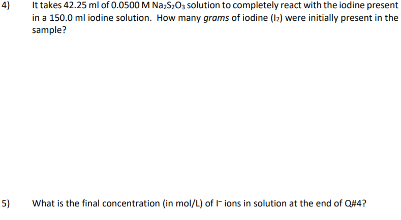 Solved It takes 42.25 ml of 0.0500 M Na2S2O3 solution to | Chegg.com