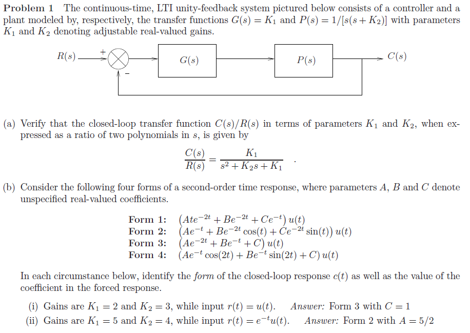 Solved Problem 1 The continuous-time, LTI unity-feedback | Chegg.com