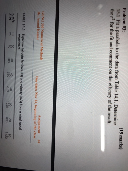 Solved (15 marks) Problem #3: 15.1 Fit a parabola to the | Chegg.com
