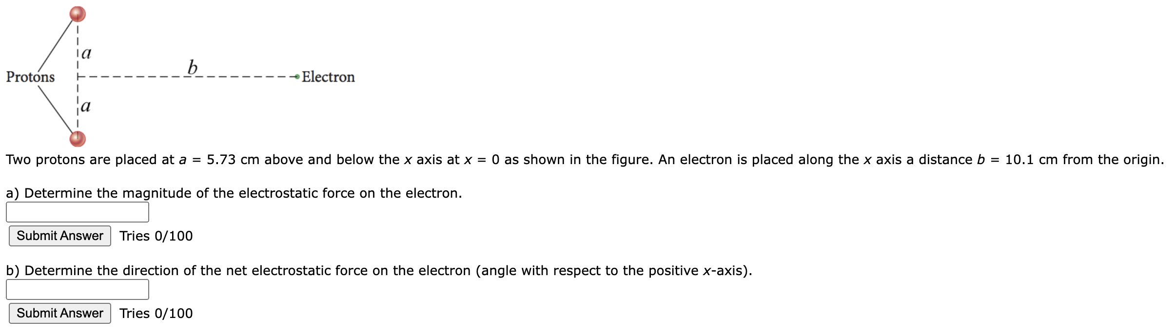 Solved Two protons are placed at a=5.73 cm above and below | Chegg.com