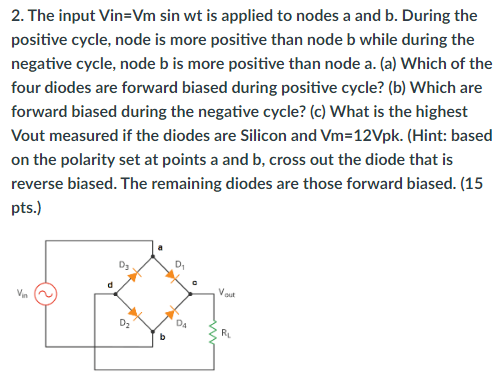 Solved 2. The input Vin=Vm sin wt is applied to nodes a and | Chegg.com