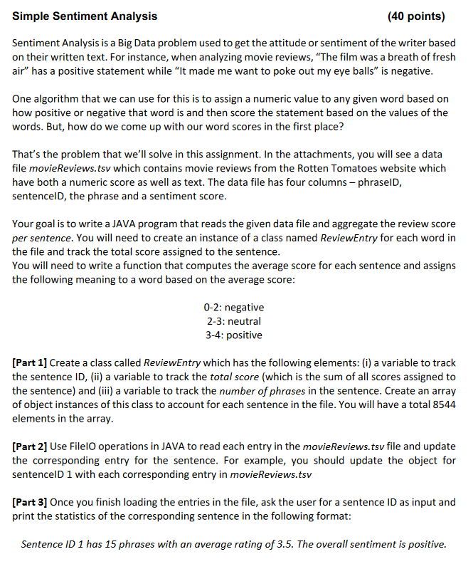 Simple Sentiment Analysis (40 points) Sentiment | Chegg.com