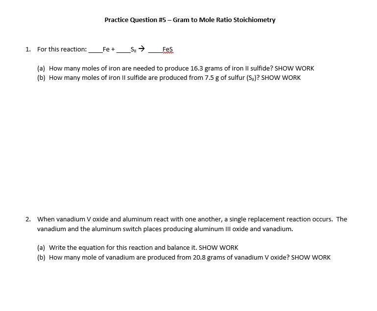 Solved Practice Question #5 - Gram to Mole Ratio | Chegg.com