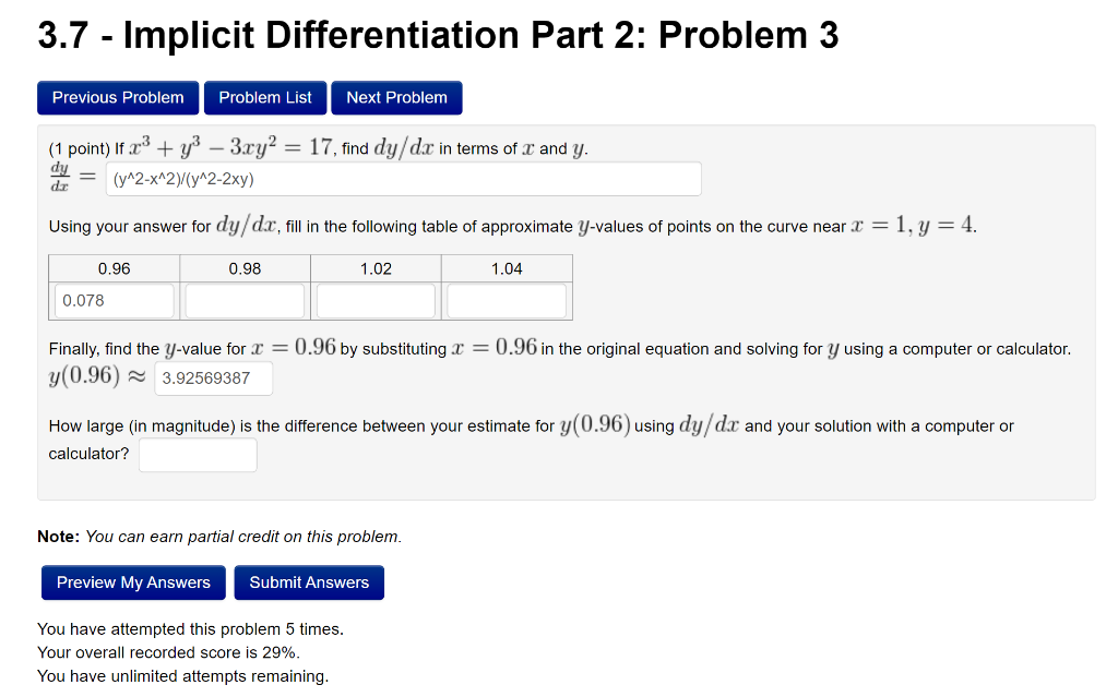 Solved 3.7 - Implicit Differentiation Part 2: Problem 3 (1 | Chegg.com