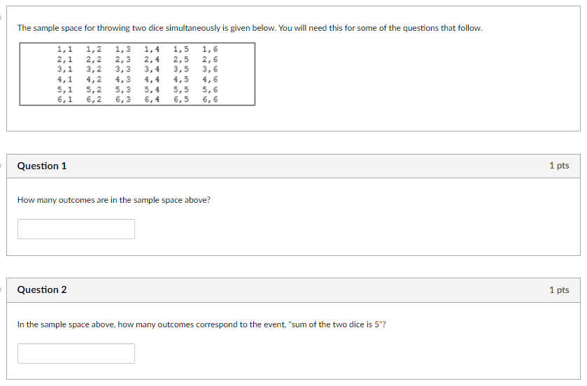 Solved The sample space for throwing two dice simultaneously | Chegg.com