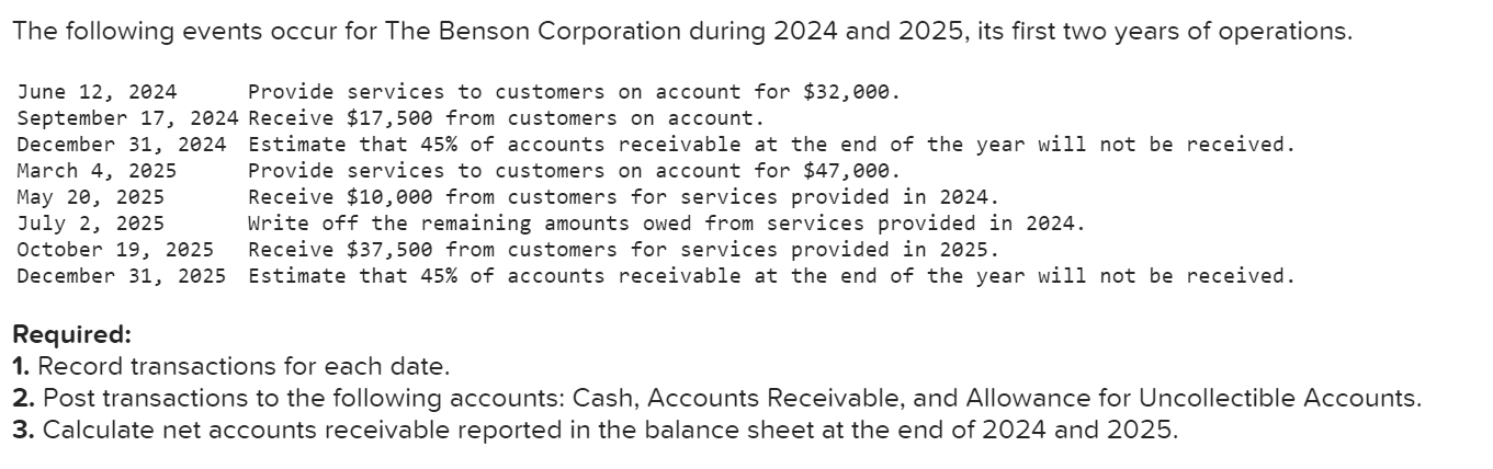 Solved The following events occur for The Benson Corporation | Chegg.com