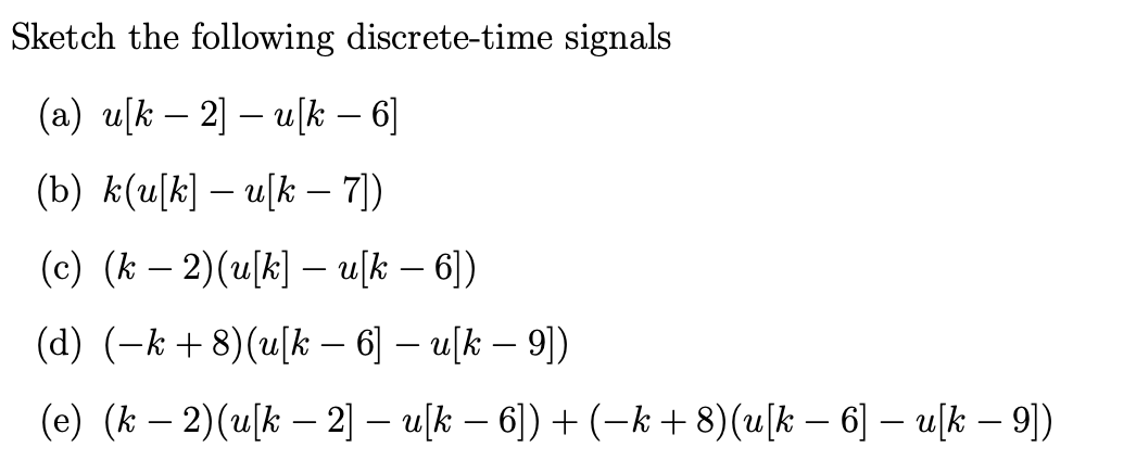 Solved Sketch the following discrete-time signals (a) u[k – | Chegg.com