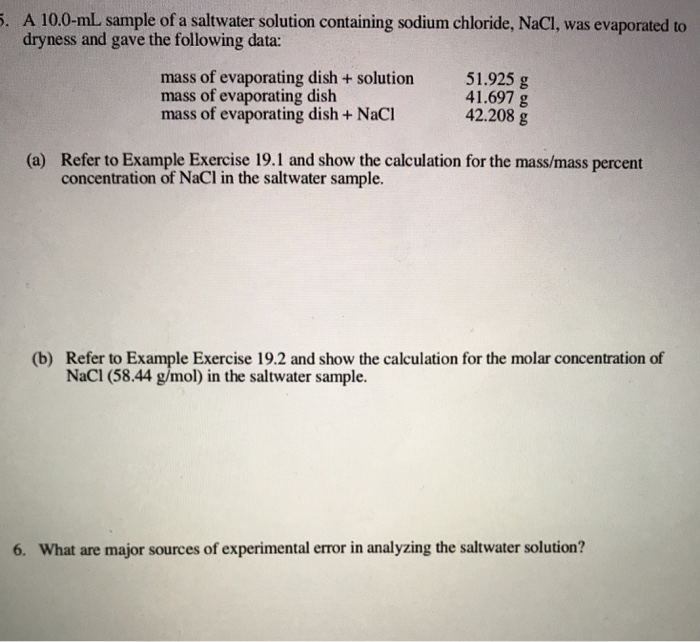. A 10.0-mL sample of a saltwater solution containing | Chegg.com