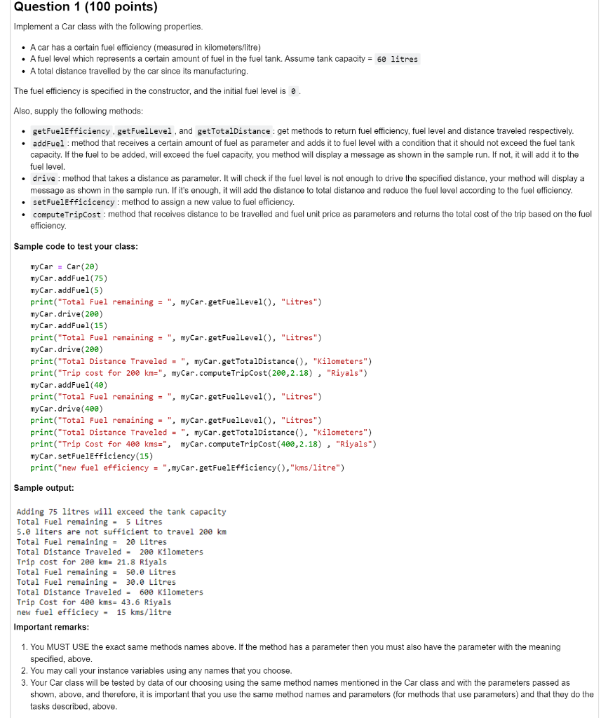 Solved Implement a Car class with the following | Chegg.com