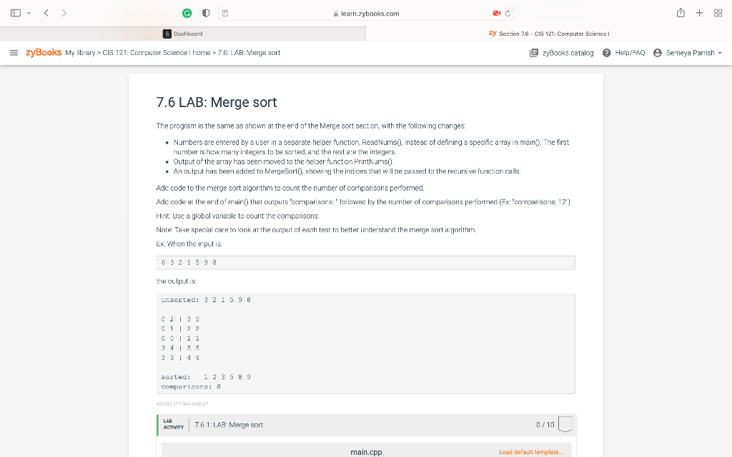 Solved 7.6 LAB: Merge sort The program is the same as shown | Chegg.com