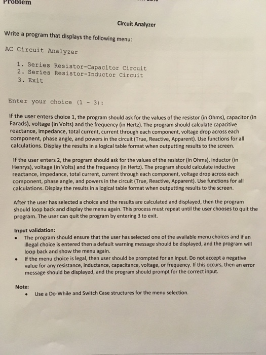 Solved Problem Circuit Analyzer Write a program that | Chegg.com