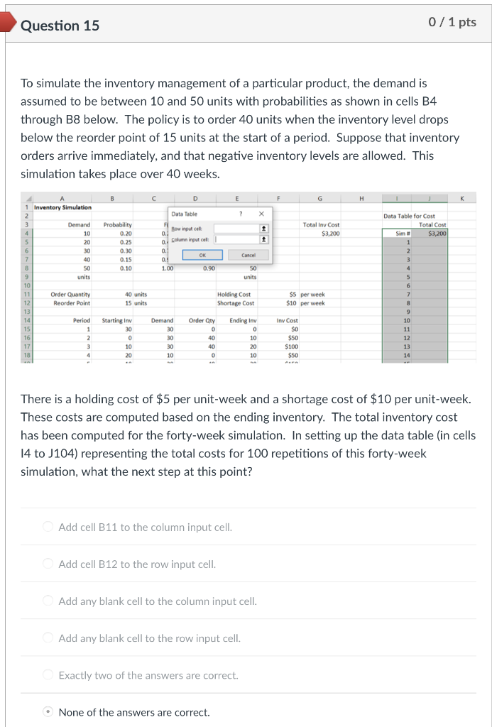 Solved Question 15 0 / 1 pts To simulate the inventory | Chegg.com
