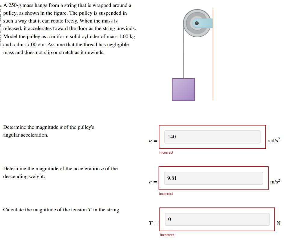 Solved A 250-g mass hangs from a string that is wrapped | Chegg.com