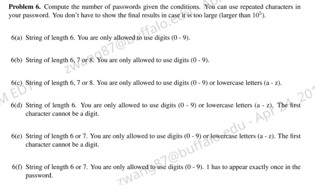 Solved Problem 6. Compute the number of passwords given the | Chegg.com