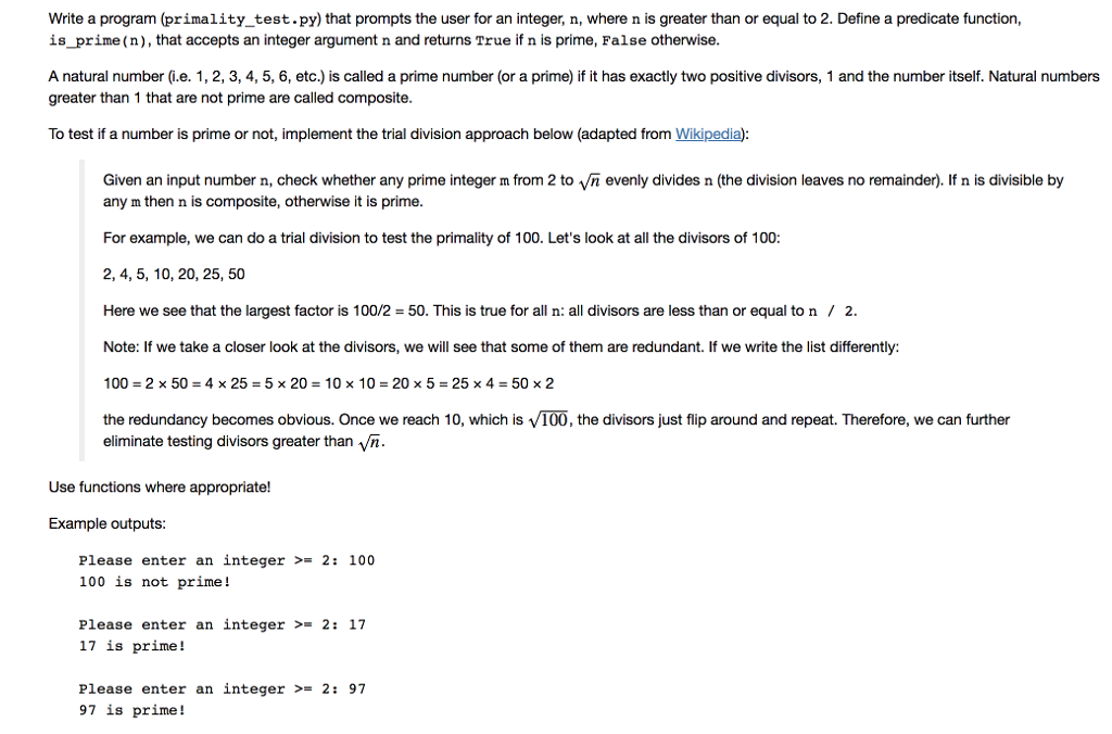 Solved Write a program (primality test.py) that prompts the | Chegg.com