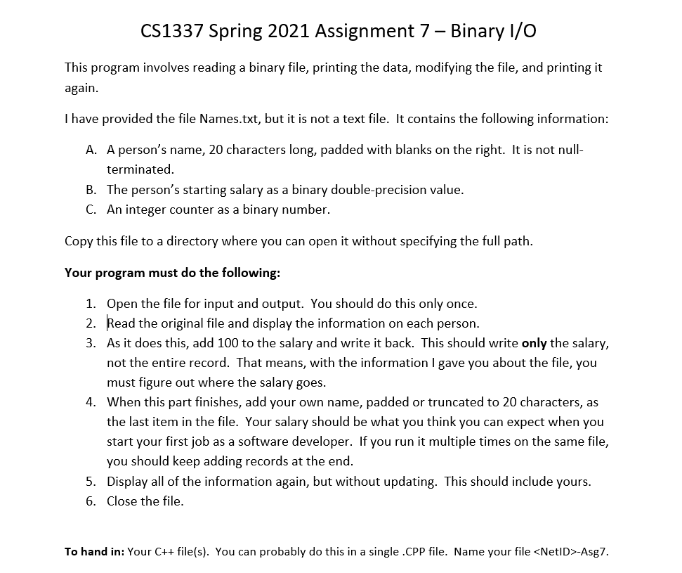 CS1337 Spring 2021 Assignment 7 – Binary I/O This | Chegg.com