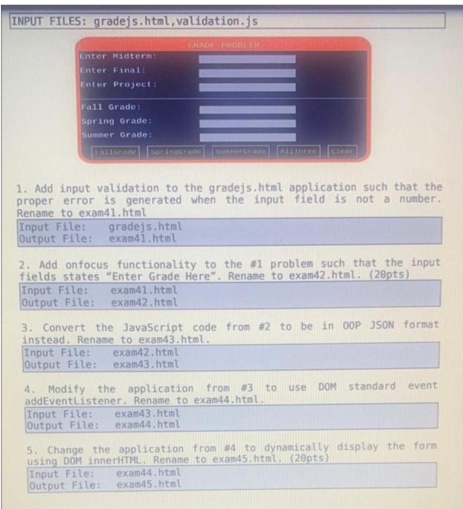 Solved INPUT FILES: gradejs.html, validation.js 1. Add input | Chegg.com