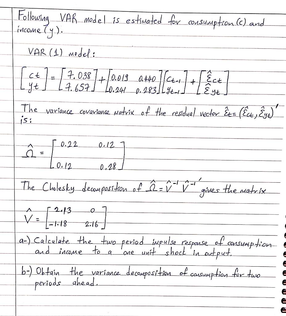 Following VAR_model is estimated for consumption (e) | Chegg.com