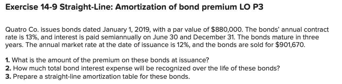 Solved Exercise 14-9 Straight-Line: Amortization of bond | Chegg.com