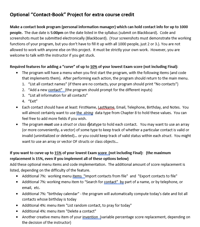 Optional "Contact-Book” Project for extra course | Chegg.com
