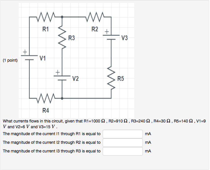 Solved R1 R2 R3 V3 (1 point)V V2 R5 R4 What currents flows | Chegg.com