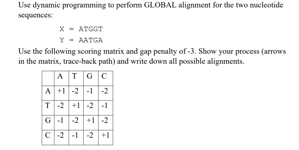 Solved Use dynamic programming to perform GLOBAL alignment | Chegg.com