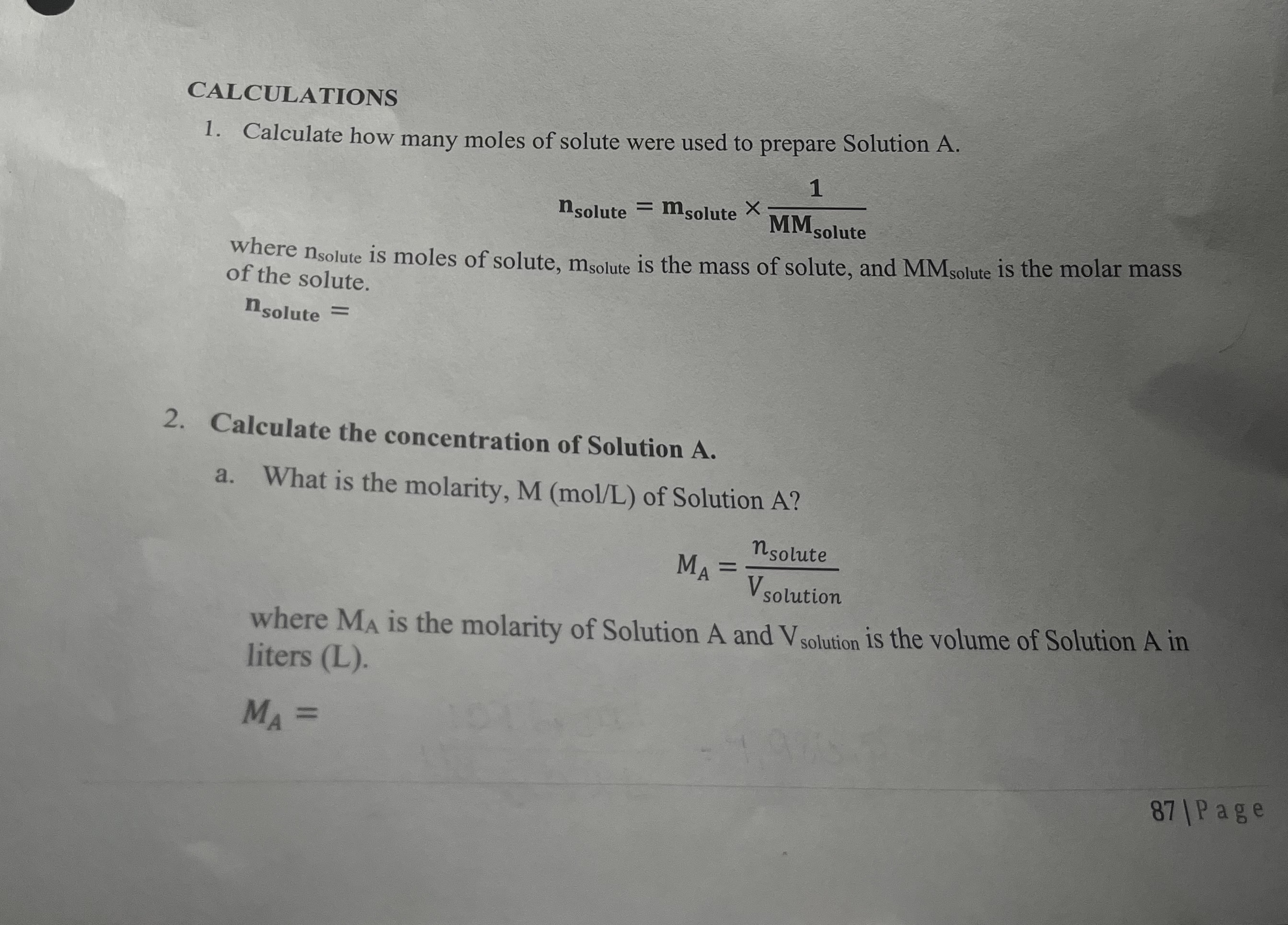 Calculations 1 Calculate How Many Moles Of Solute