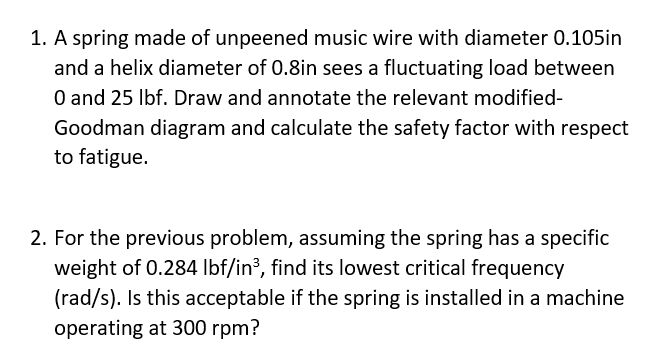 1. A spring made of unpeened music wire with diameter | Chegg.com