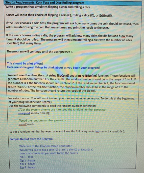 Solved Step 1: Requirements: Coln Toss and Dice Rolling | Chegg.com