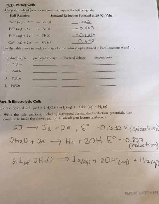 Solved Part I: Voltaic Cells A Cell Potentials Using a | Chegg.com