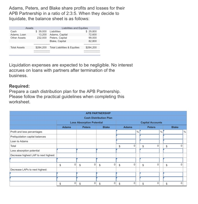 Solved Adams, Peters, and Blake share profits and losses for | Chegg.com