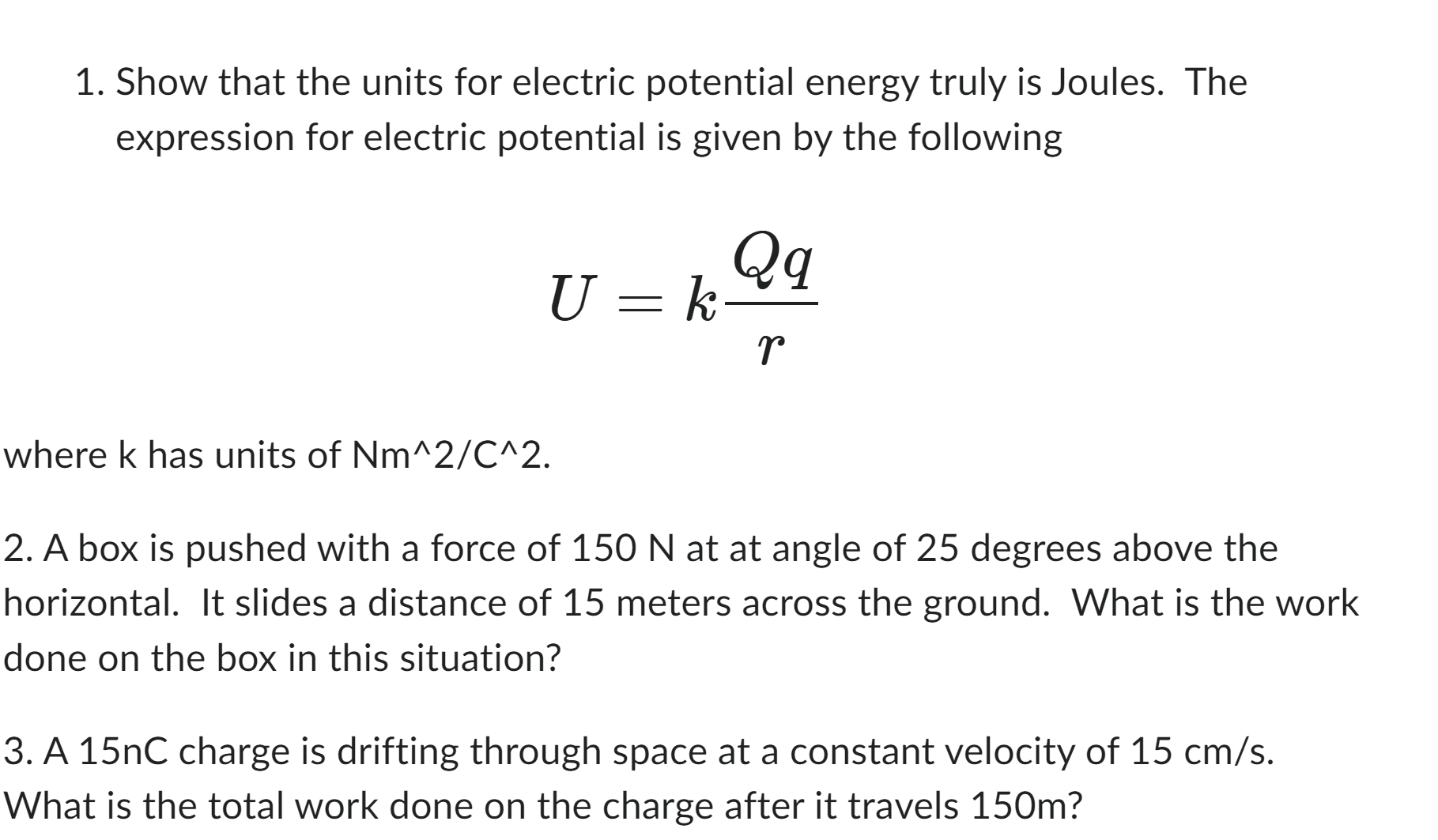 Solved 1. ﻿Show that the units for electric potential energy | Chegg.com