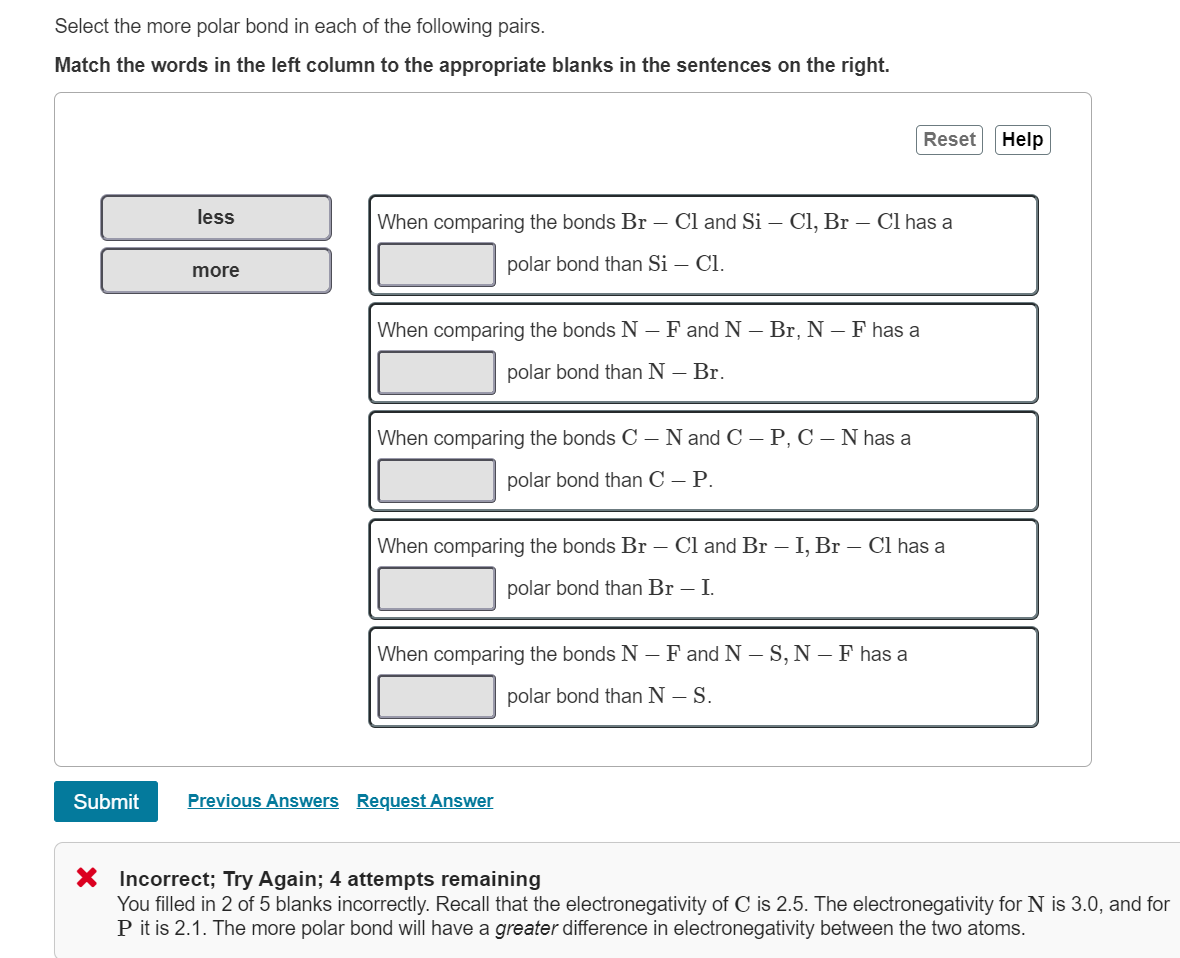 Solved Select the more polar bond in each of the following | Chegg.com