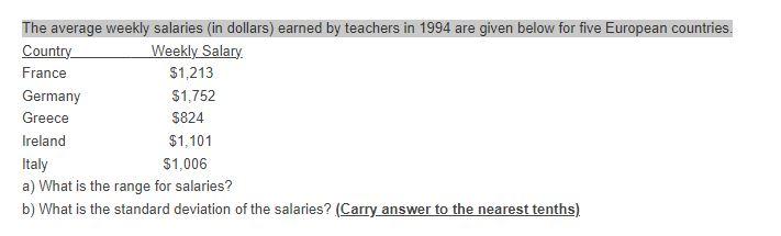 Solved The average weekly salaries (in dollars) earned by | Chegg.com