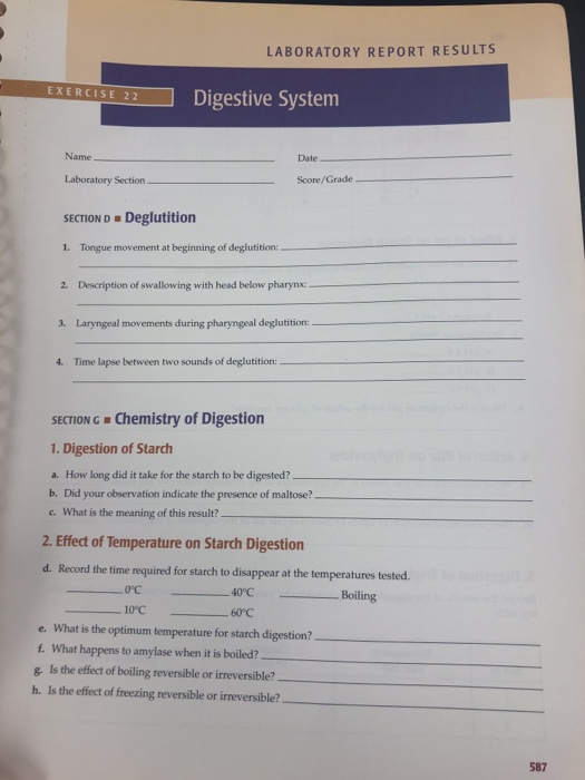 LABORATORY REPORT RESULTS EXERCISE 22 Digestive | Chegg.com