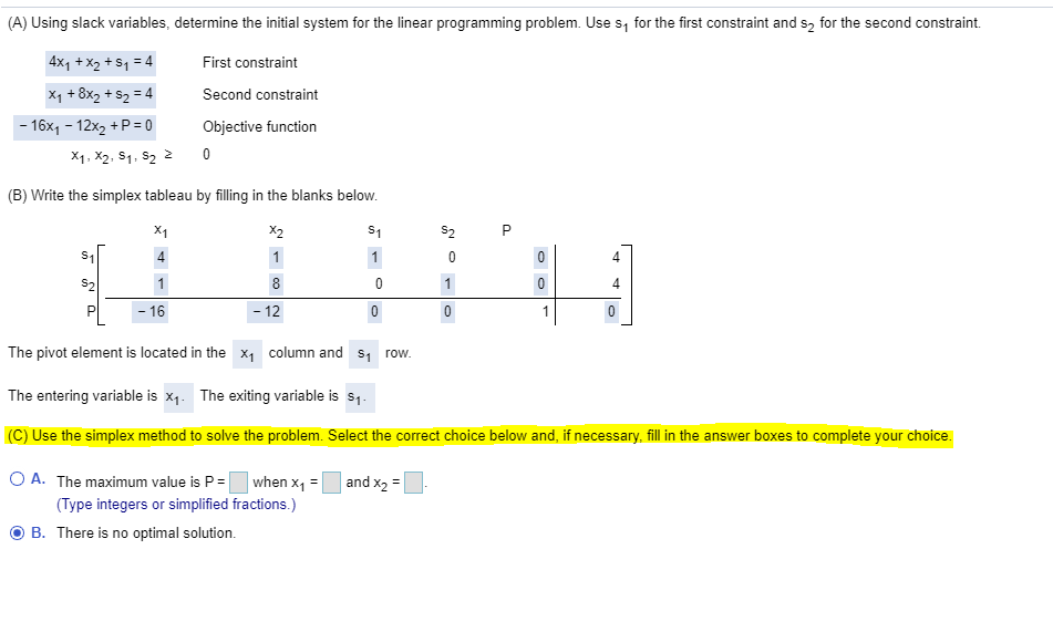 Solved A Using Slack Variables Determine The Initial 2795