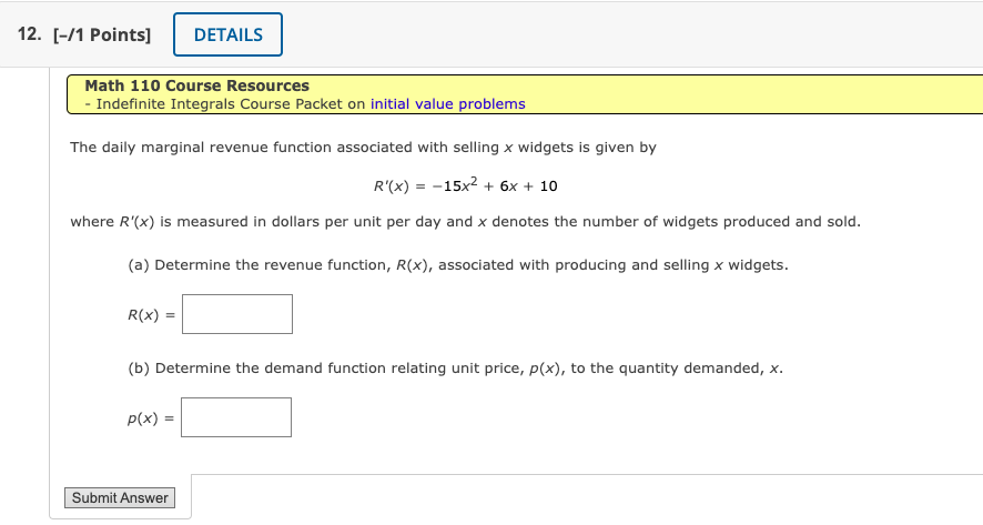 Solved Math 110 Course Resources - Indefinite Integrals | Chegg.com