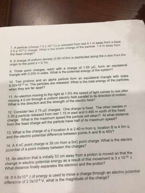 Solved 7. A particle (charge 7.5 x 10 C) is released from | Chegg.com