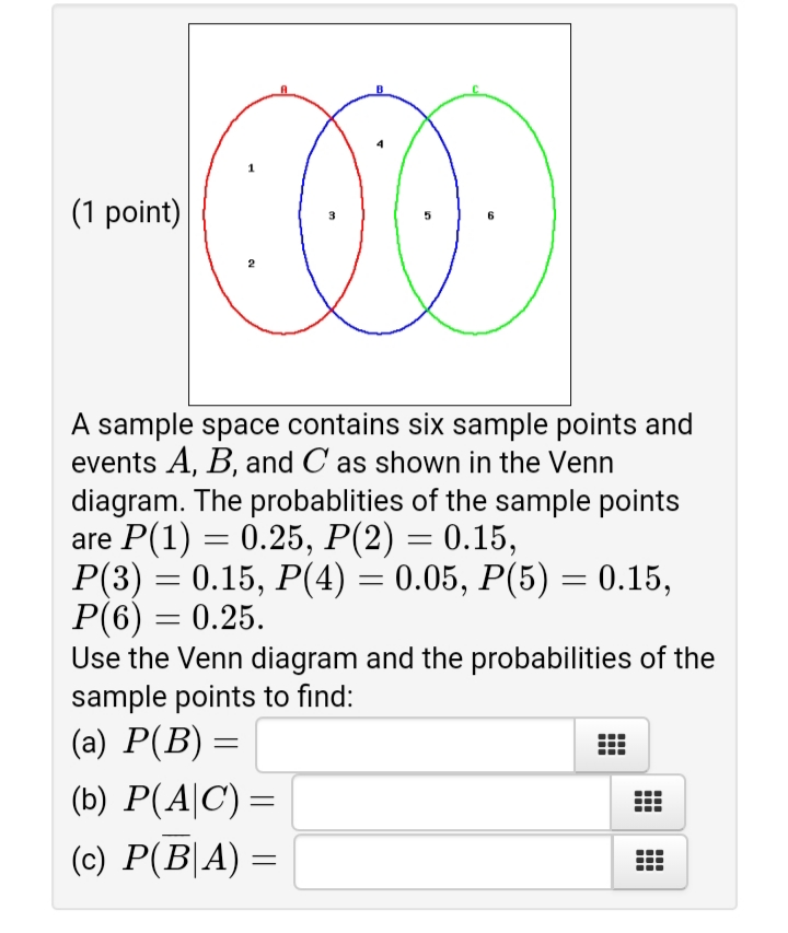 Solved B (1 point) 3 5 2 A sample space contains six sample | Chegg.com